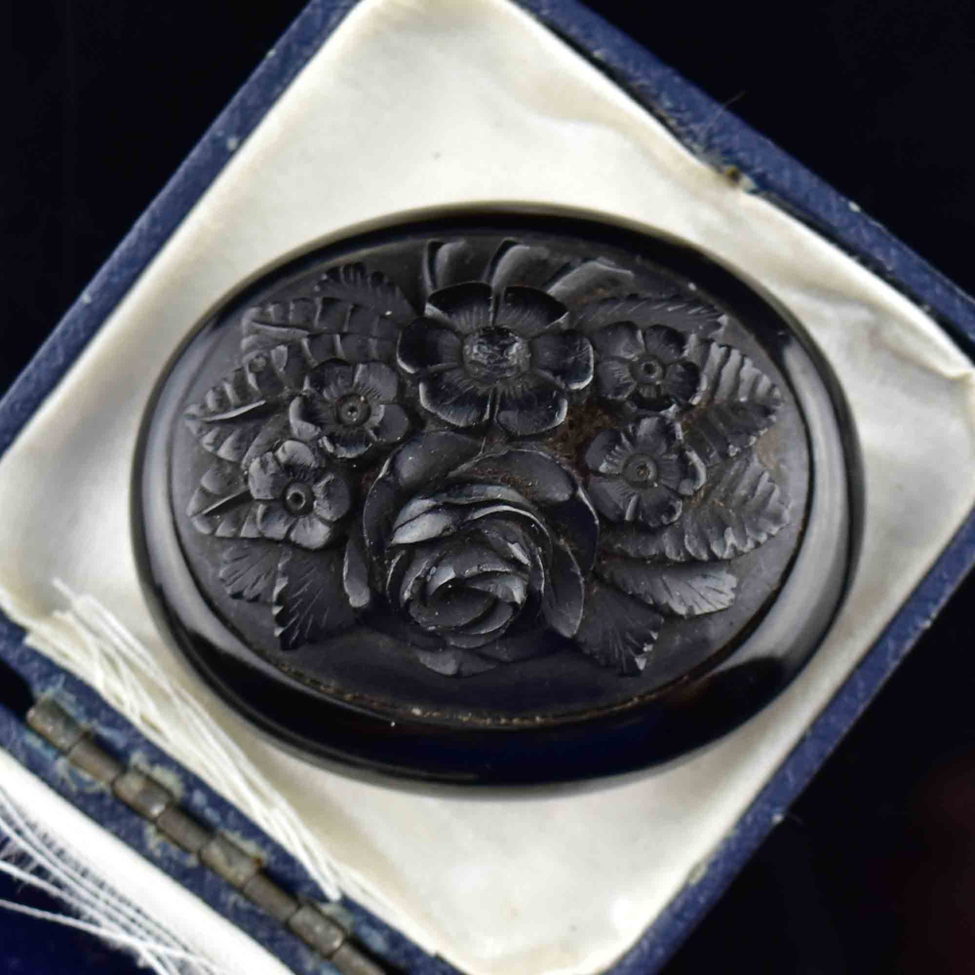 Antique Victorian Carved Whitby Jet Rose Forget Me Not Brooch – Boylerpf