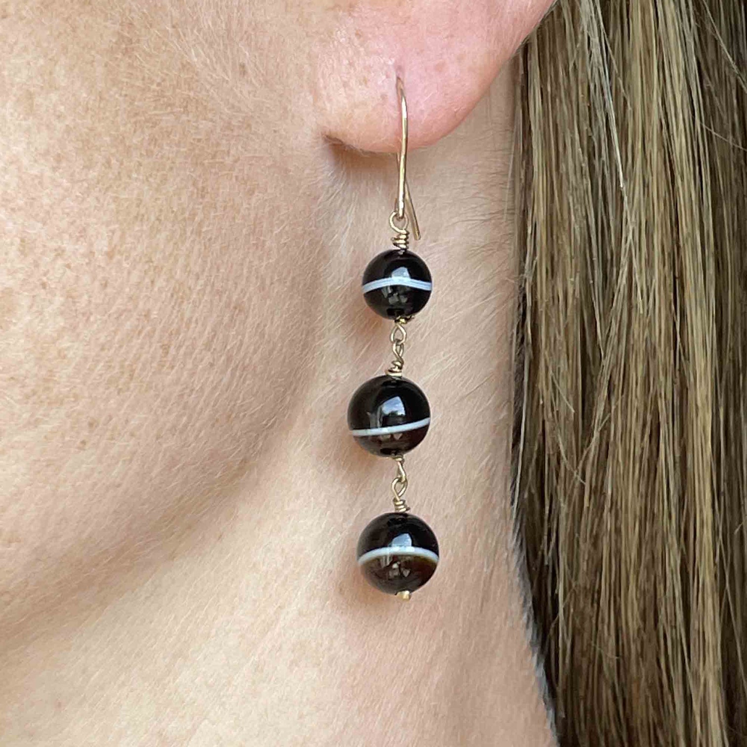 Vintage 14K Gold Banded Agate Ball Drop Earrings – Boylerpf