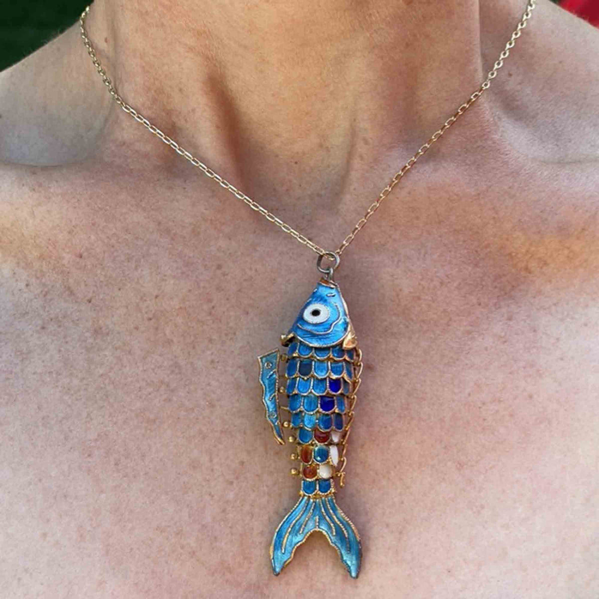 Vintage Large Blue Enamel Articulated Fish Pendant Necklace – Boylerpf