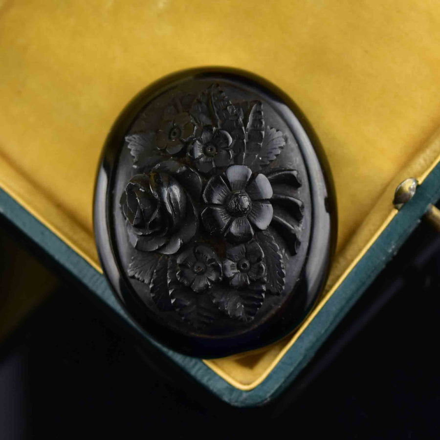 Antique Victorian Carved Whitby Jet Rose Forget Me Not Brooch – Boylerpf