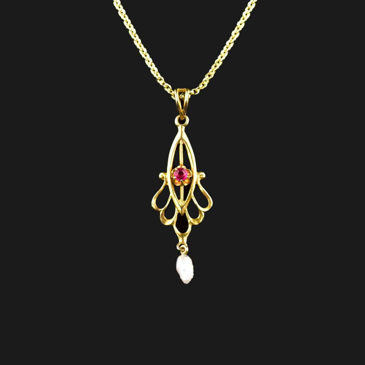 Antique 10K Gold Ruby Pearl Lavalier Pendant Necklace – Boylerpf