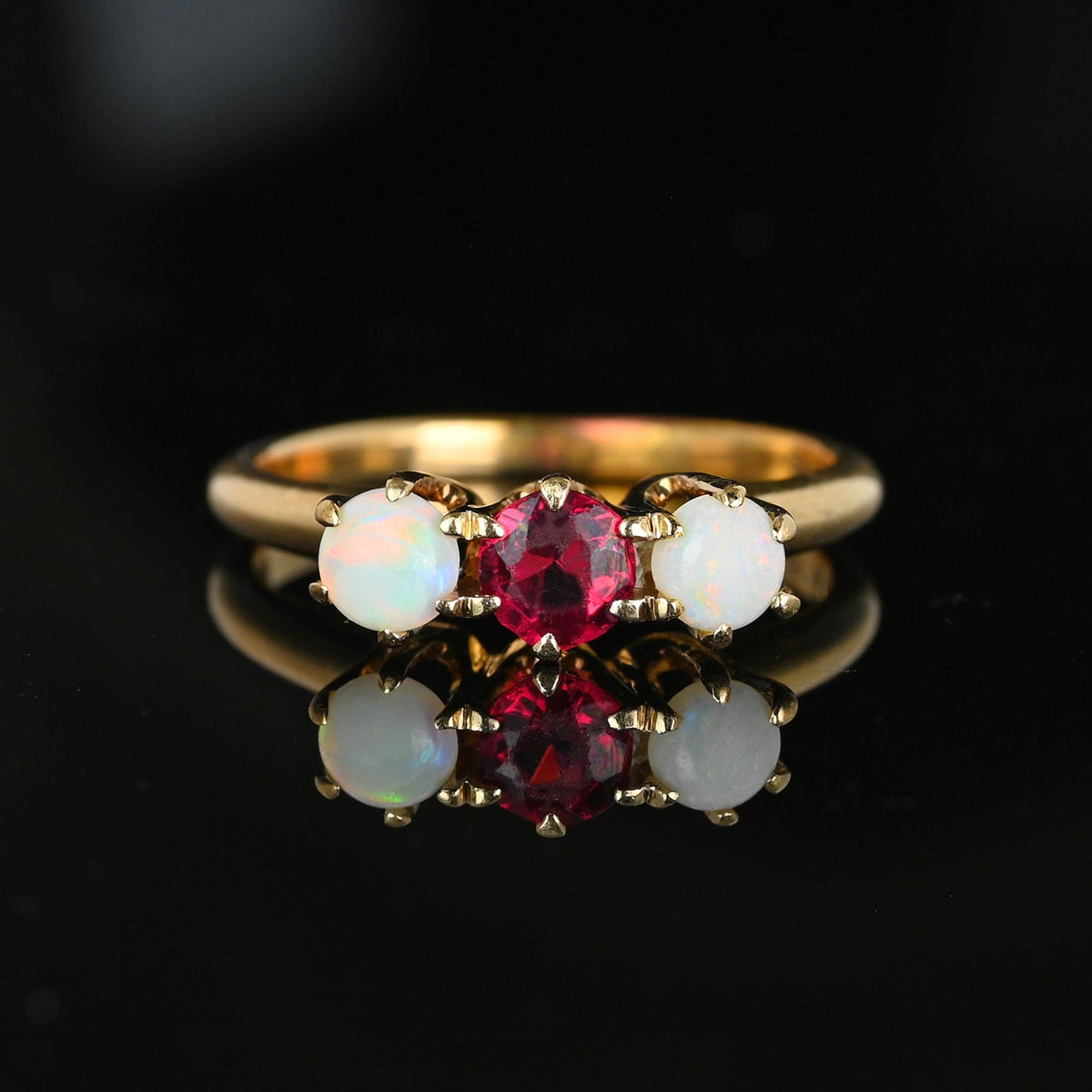 Antique JR Woods 14K Gold Three Stone Ruby Opal Ring – Boylerpf