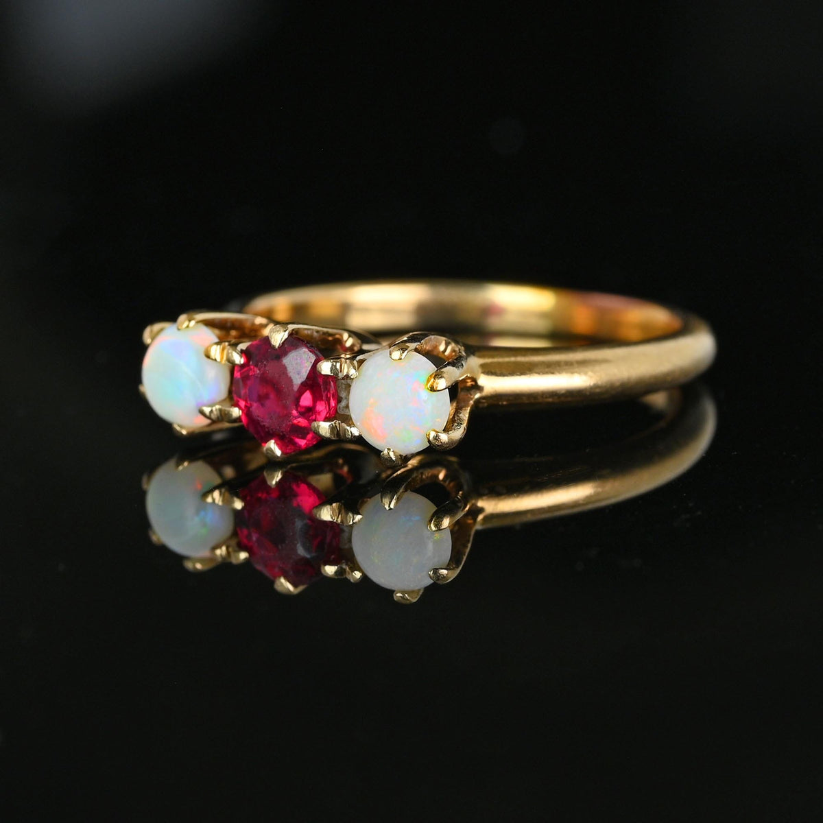 Antique JR Woods 14K Gold Three Stone Ruby Opal Ring – Boylerpf