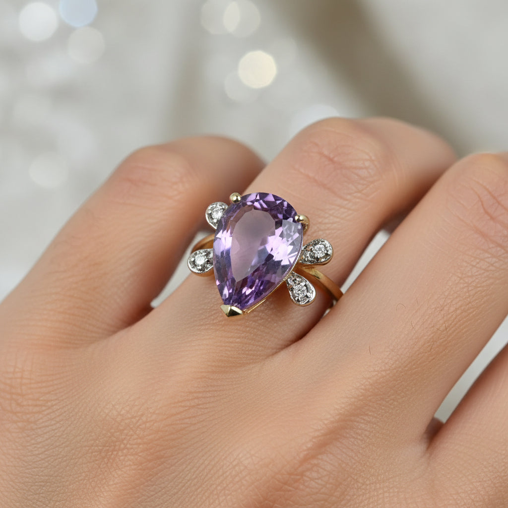Vintage 14K Gold Diamond Wing Pear Cut Amethyst Ring – Boylerpf