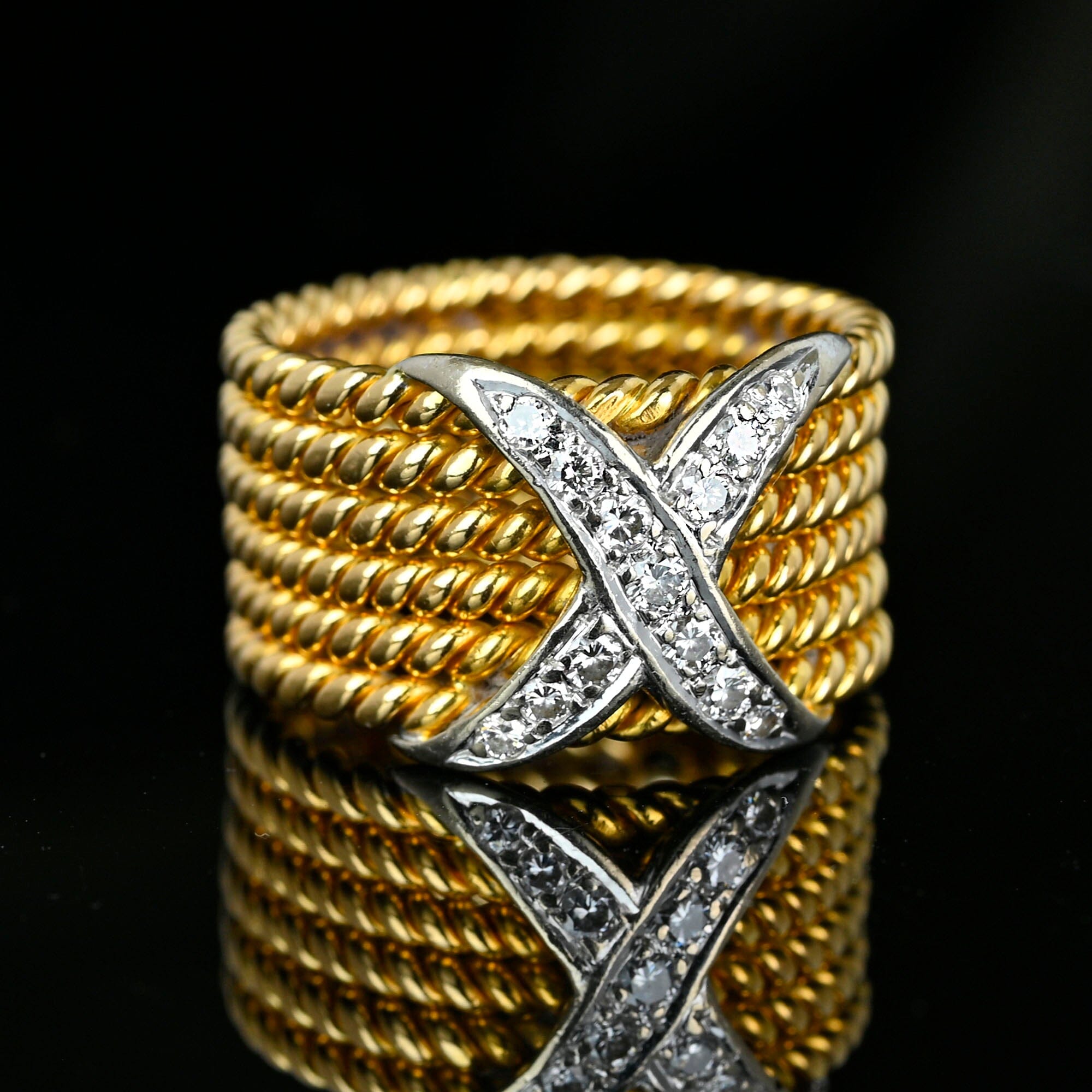 Wide 18K Gold Six Row Rope Ring w Diamond X, Schlumberger Style – Boylerpf