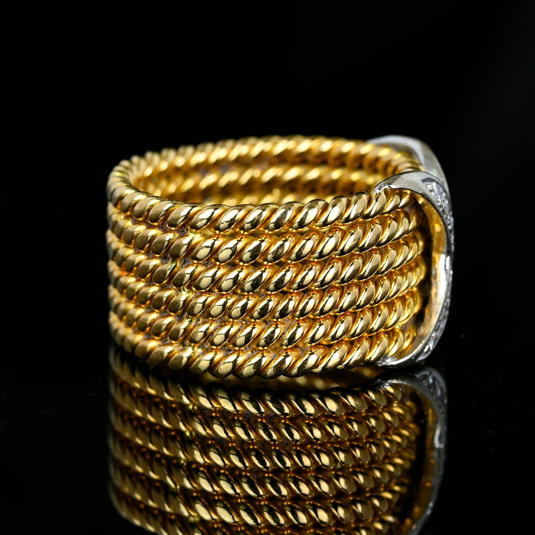 Wide 18K Gold Six Row Rope Ring w Diamond X, Schlumberger Style – Boylerpf