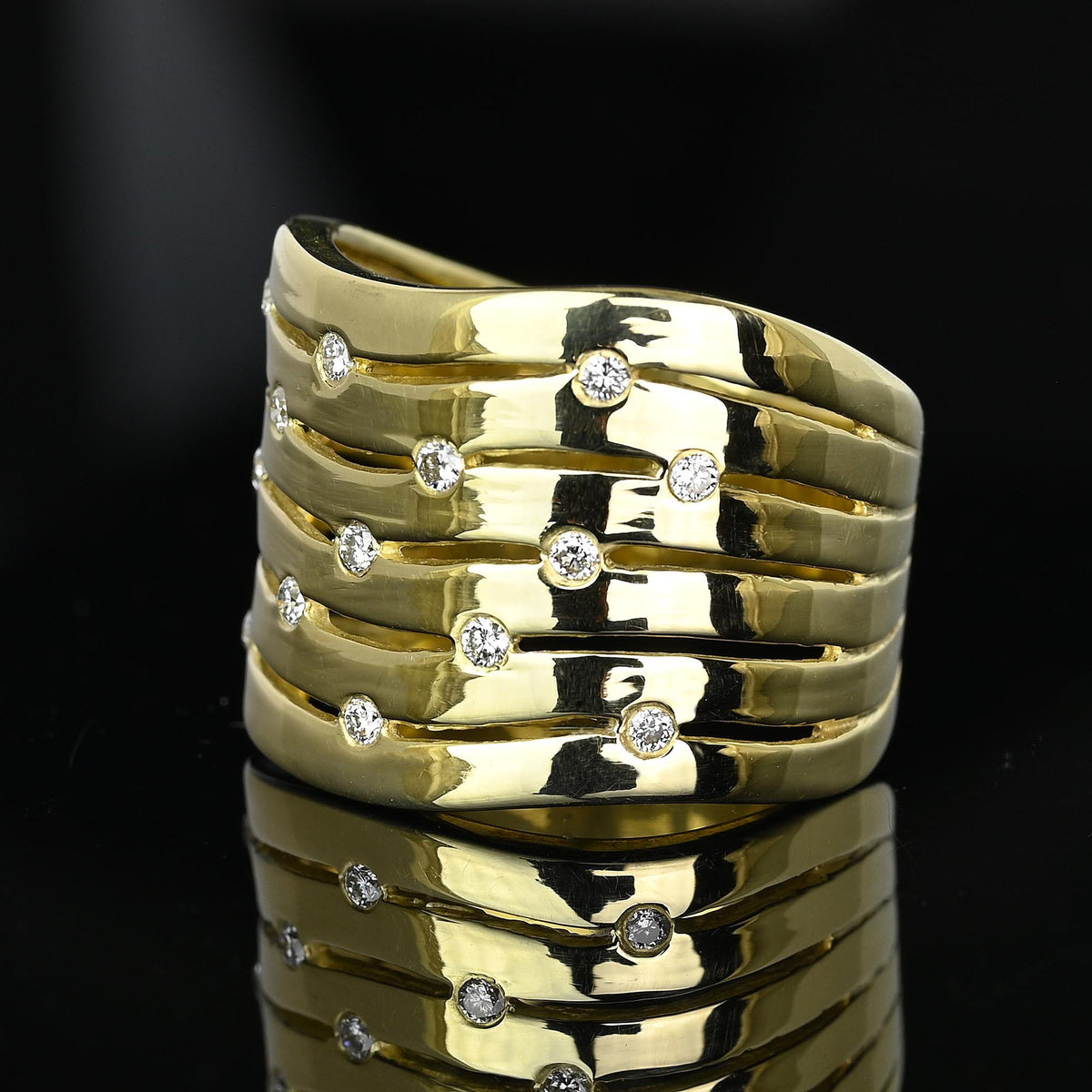 Wide 14K Gold Chevron Wave Diamond Ring Band – Boylerpf