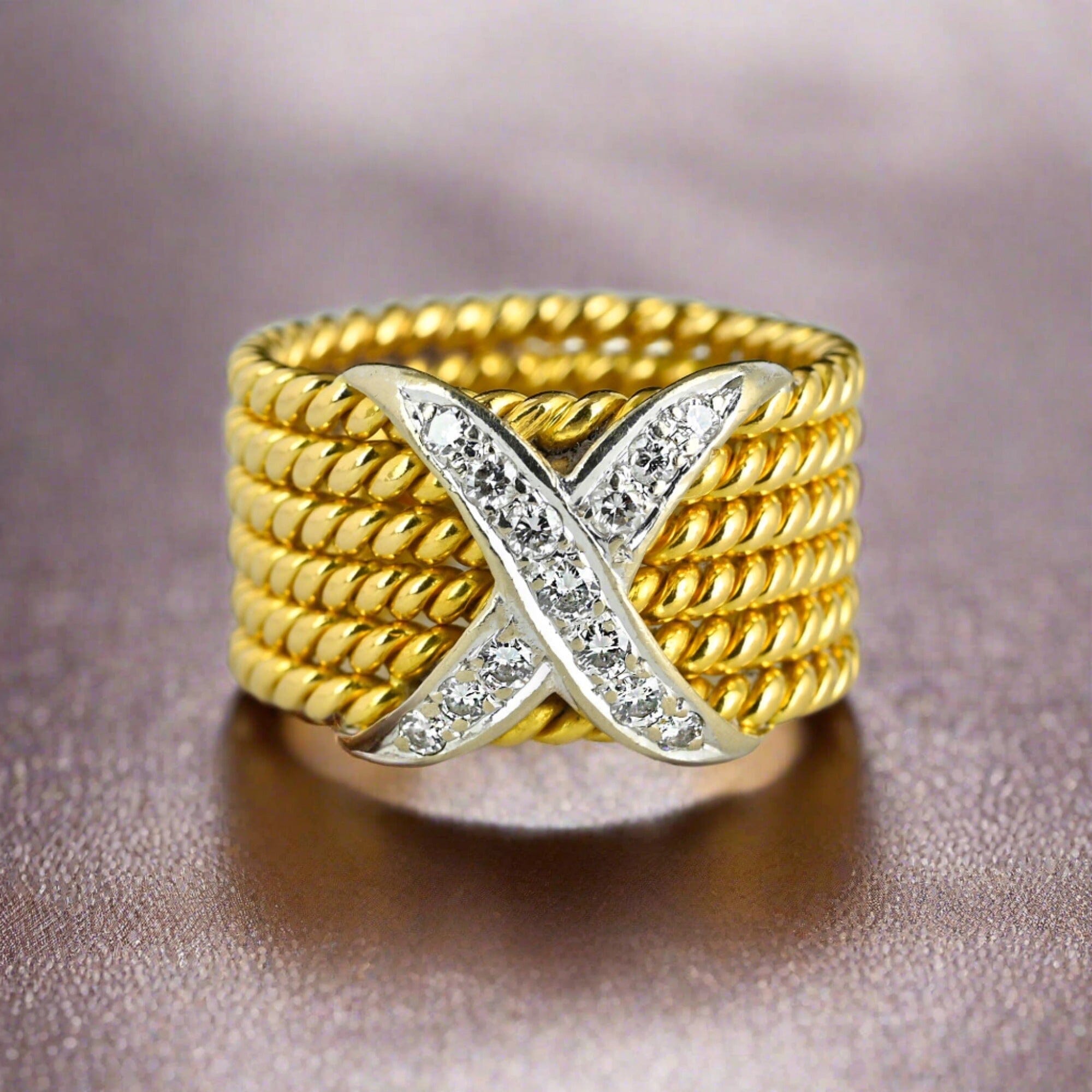 Wide 18K Gold Six Row Rope Ring w Diamond X, Schlumberger Style – Boylerpf