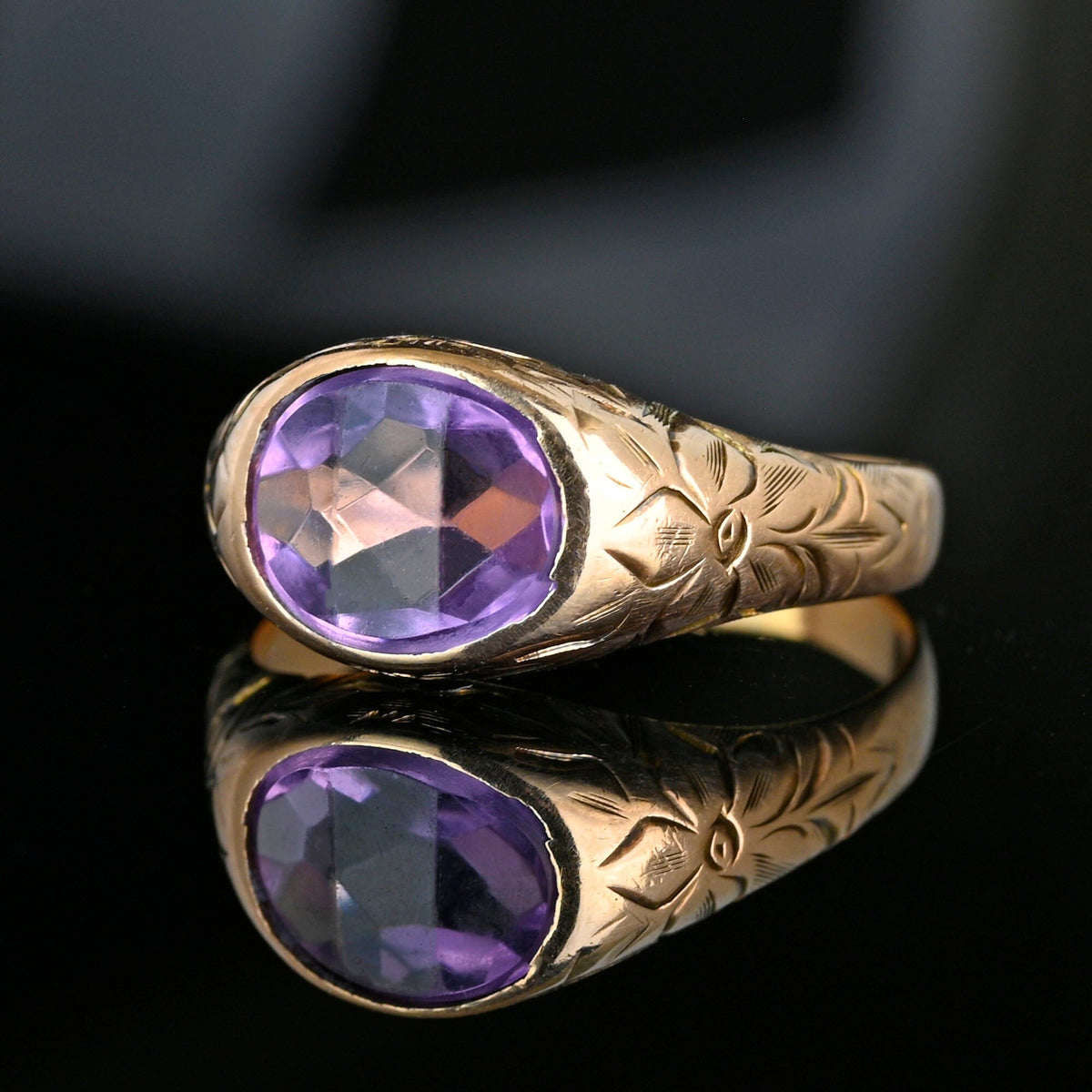 Forget Me Not Engraved Gold Amethyst Signet Ring, Sz 9.75 – Boylerpf