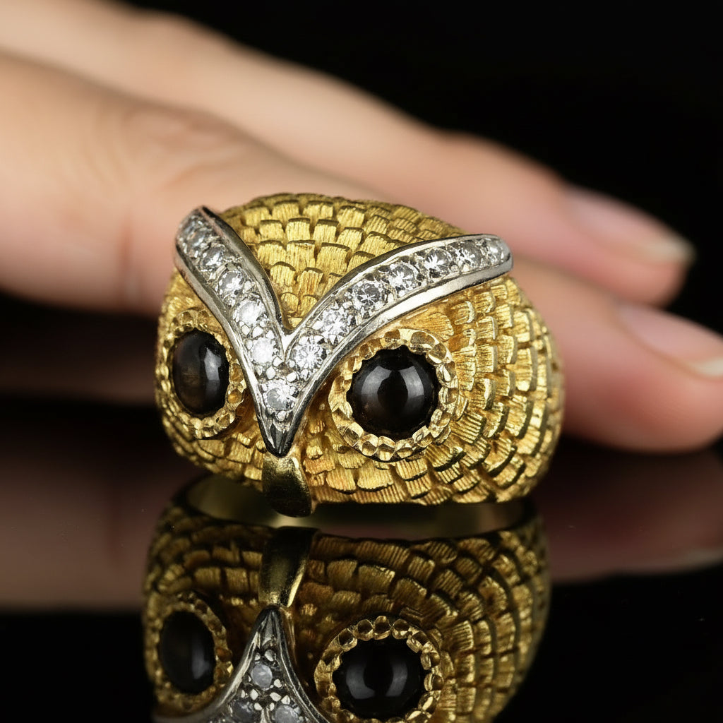 Heavy 18K Gold Star Sapphire Diamond Owl Ring, 14.3 Grams – Boylerpf