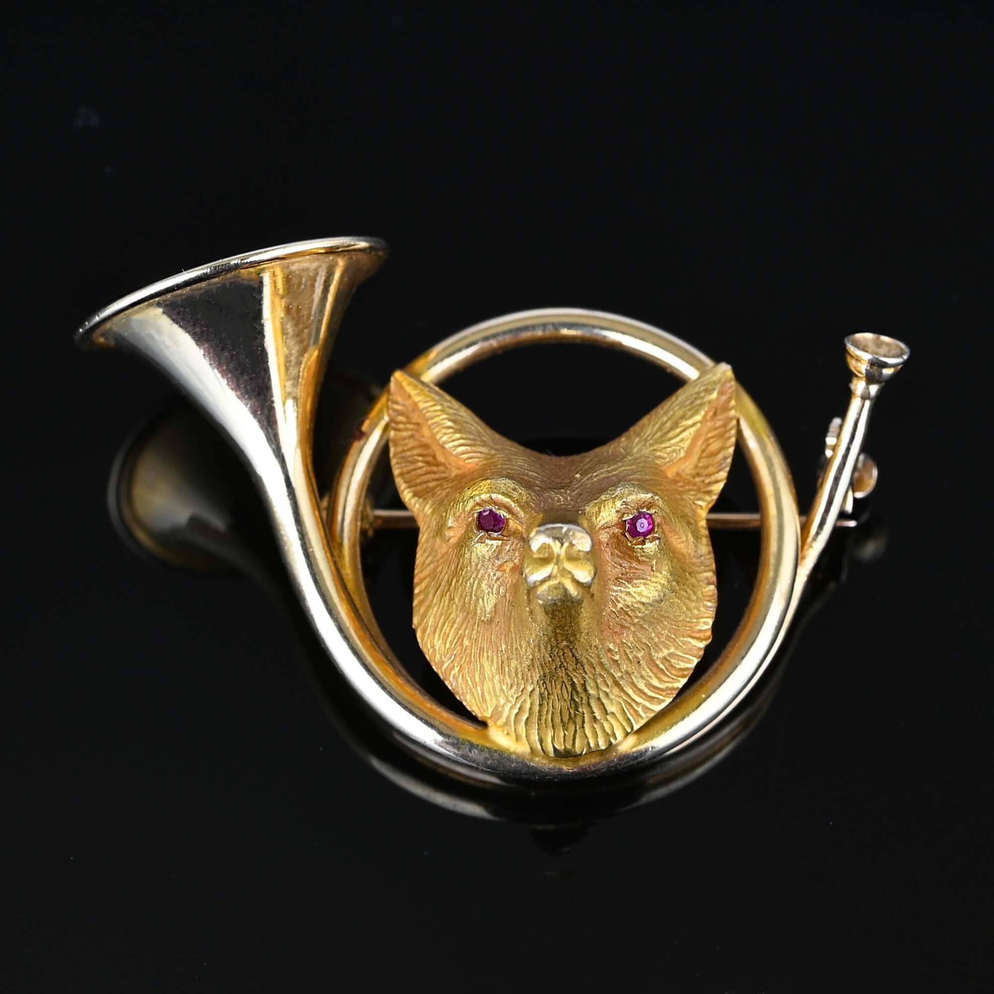Antique 14K Gold Hunting Horn Ruby Eye Fox Brooch – Boylerpf