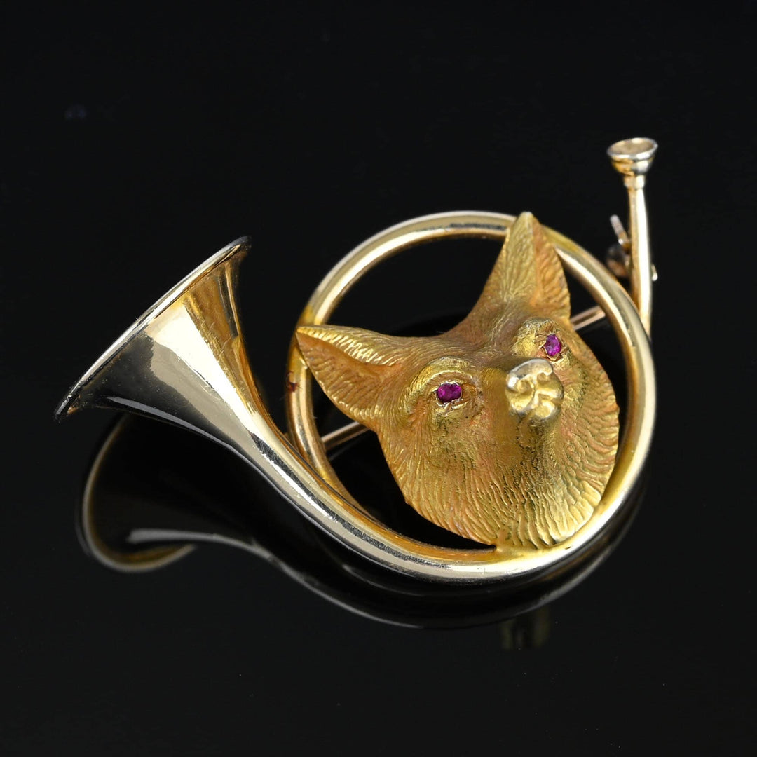 Antique 14K Gold Hunting Horn Ruby Eye Fox Brooch – Boylerpf