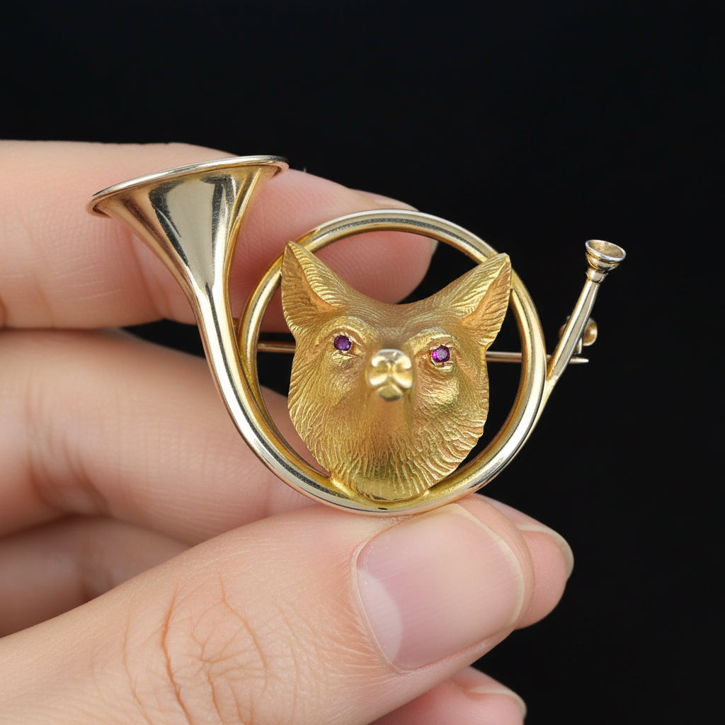 Antique 14K Gold Hunting Horn Ruby Eye Fox Brooch – Boylerpf