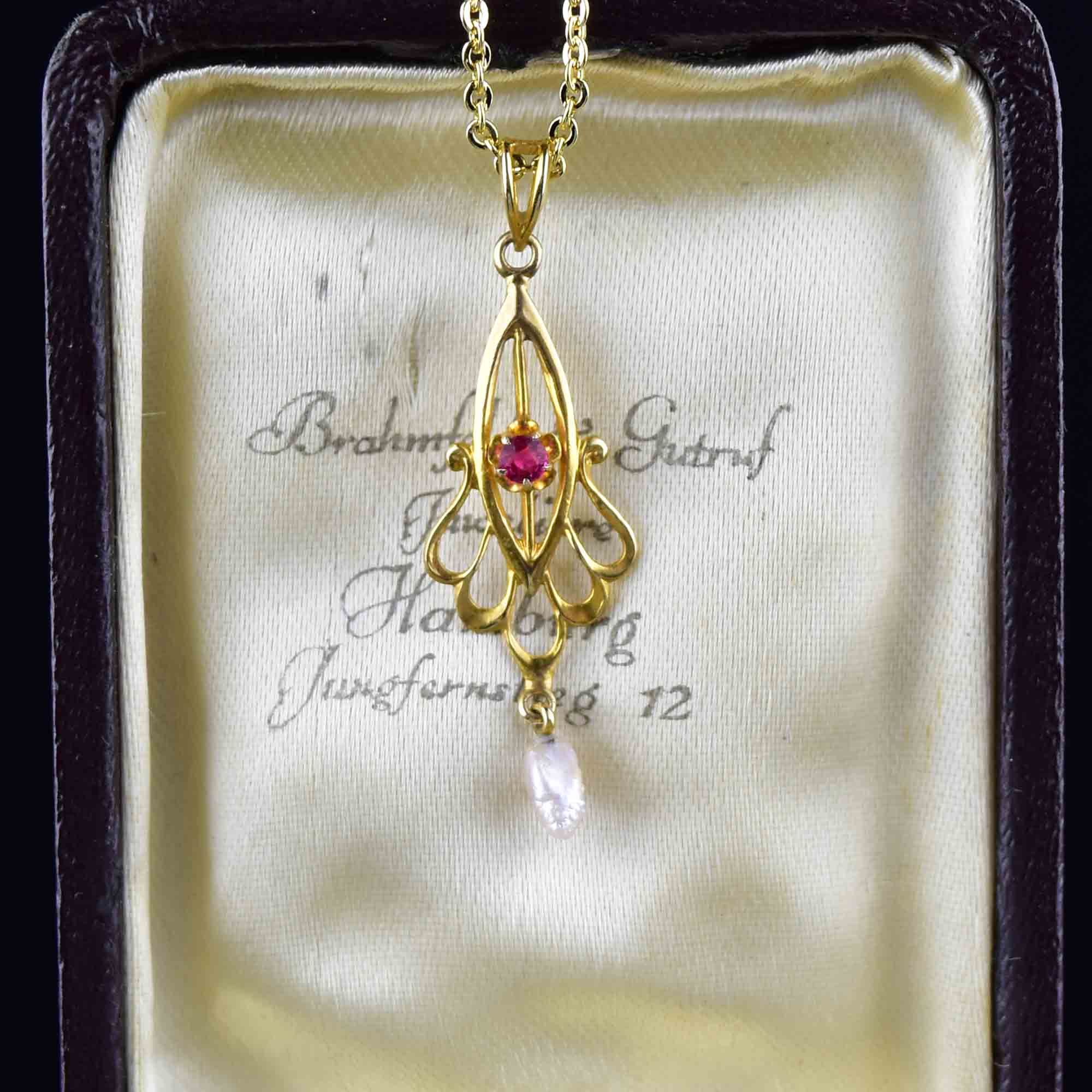 Antique 10K Gold Ruby Pearl Lavalier Pendant Necklace – Boylerpf