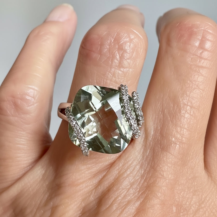 14K White Gold Diamond Checkerboard Cut Prasiolte Ring – Boylerpf