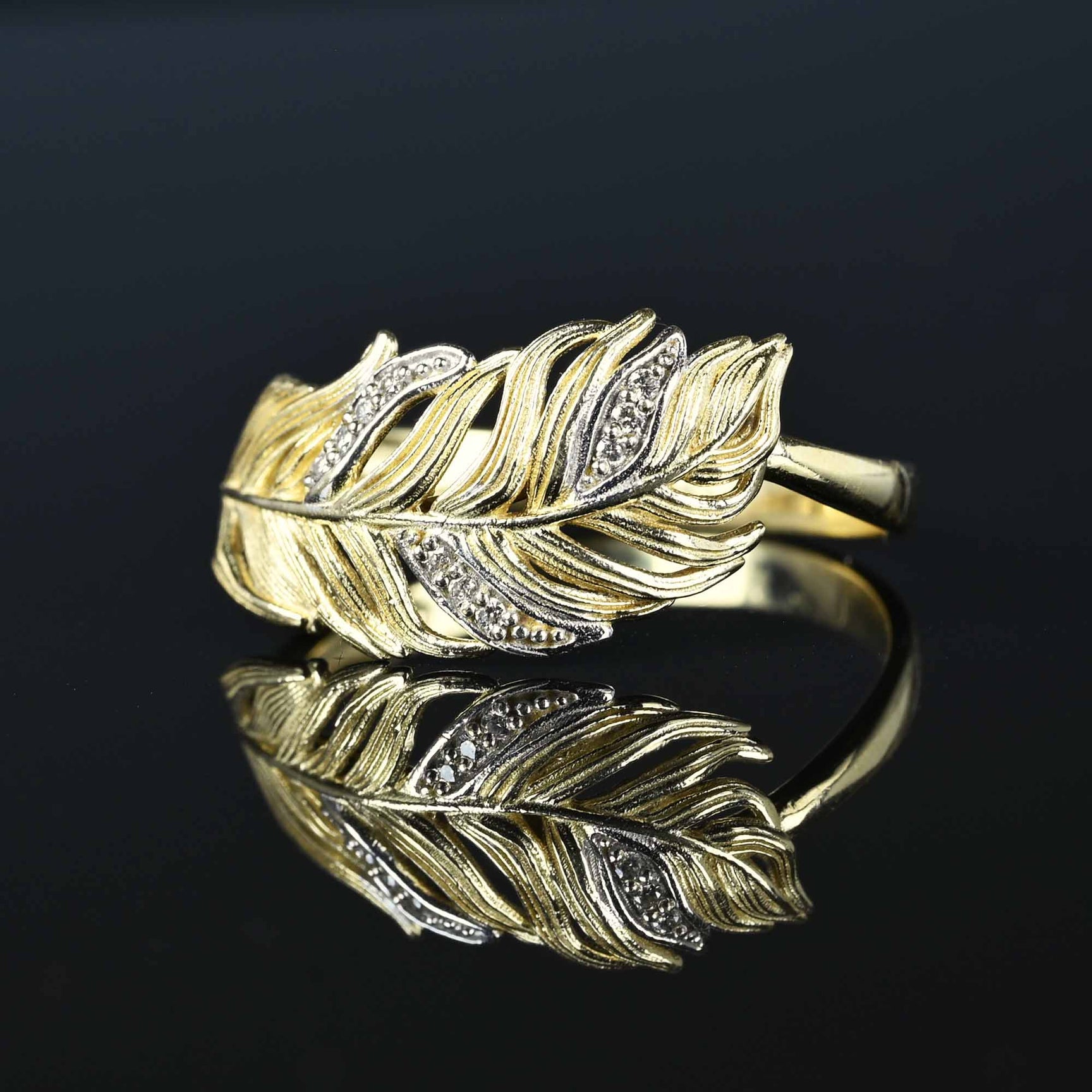 Vintage 14K Gold Diamond Feather Ring – Boylerpf