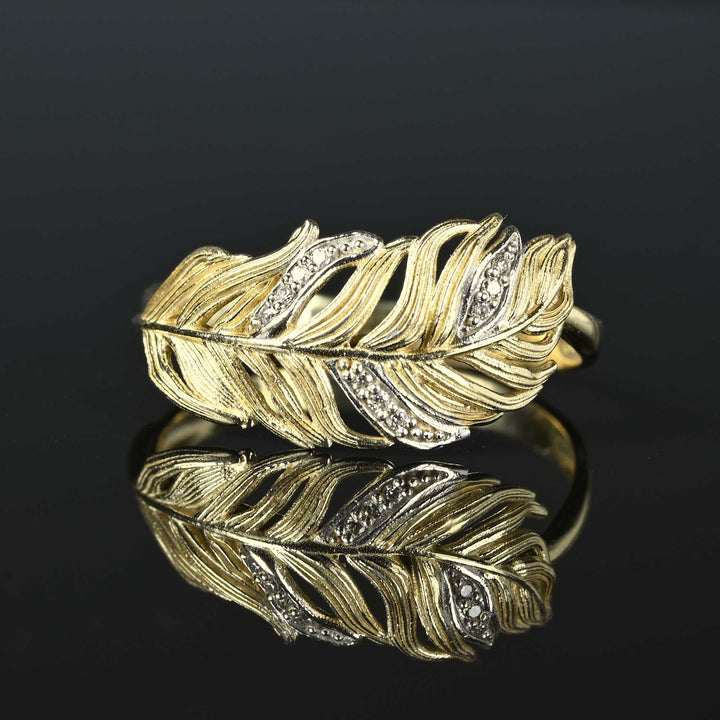Vintage 14K Gold Diamond Feather Ring – Boylerpf
