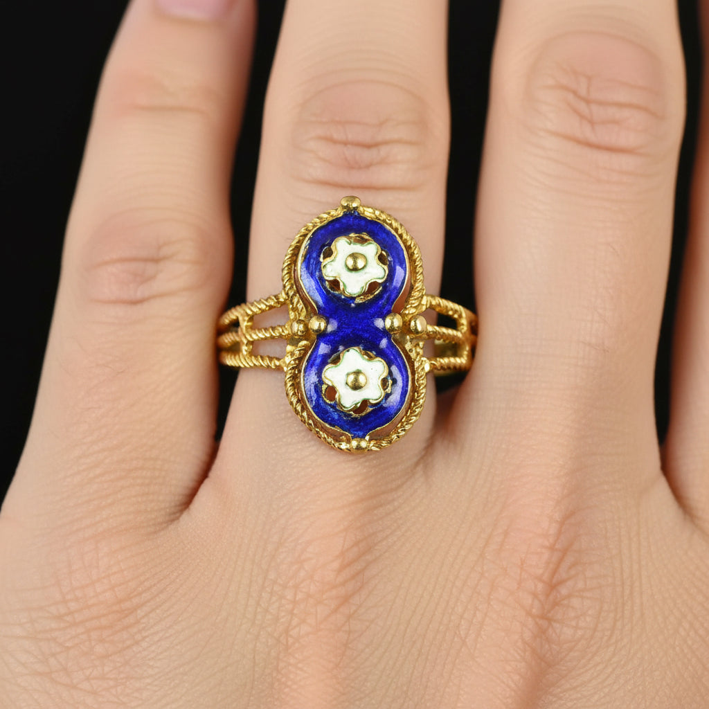 Fine 18K Gold Blue Guilloche Enamel Floral Ring – Boylerpf
