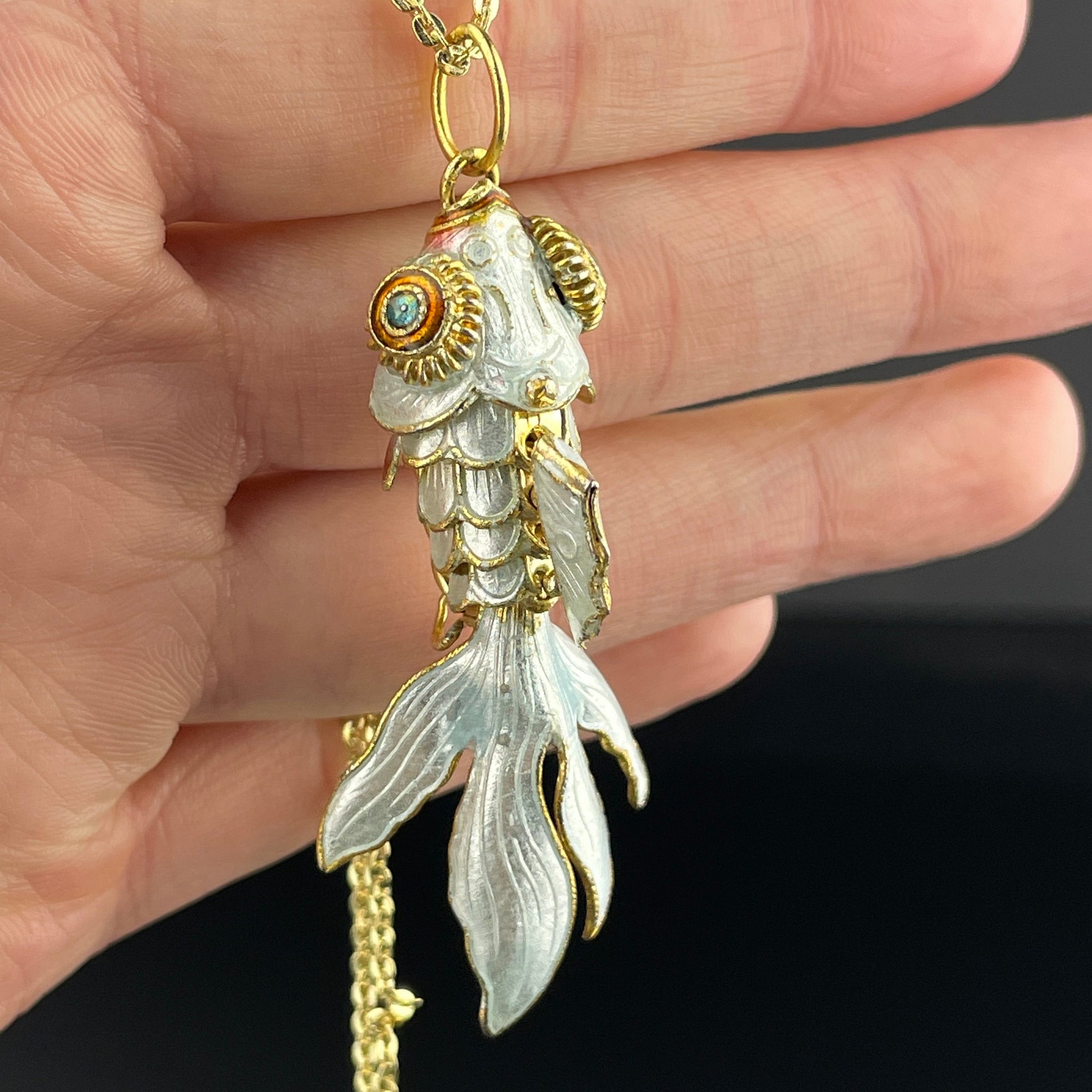 Vintage Gold Vermeil White Enamel Koi Articulated Fish Pendant Necklac ...