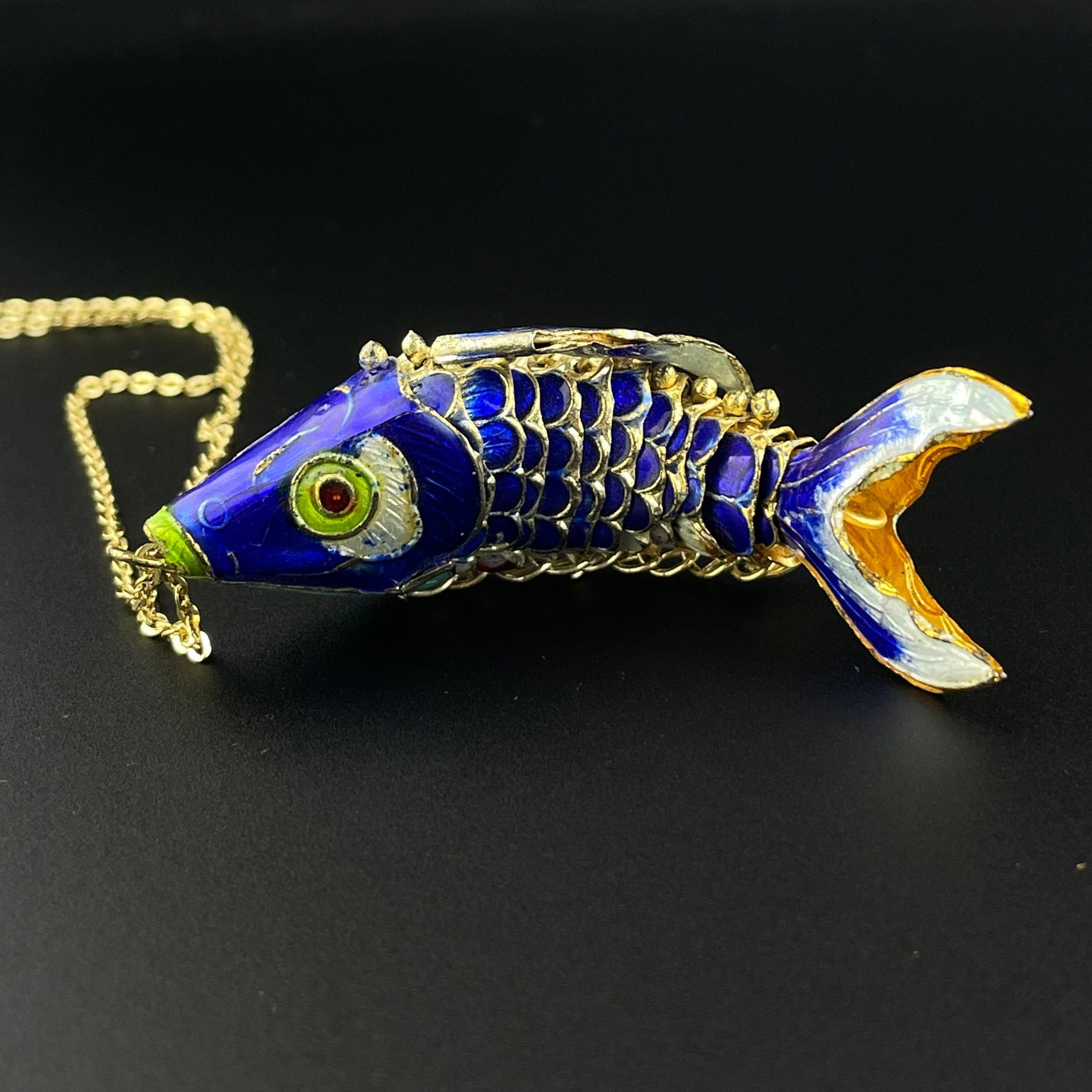 Vintage Gold Vermeil Blue Enamel Articulated Fish Pendant Necklace ...