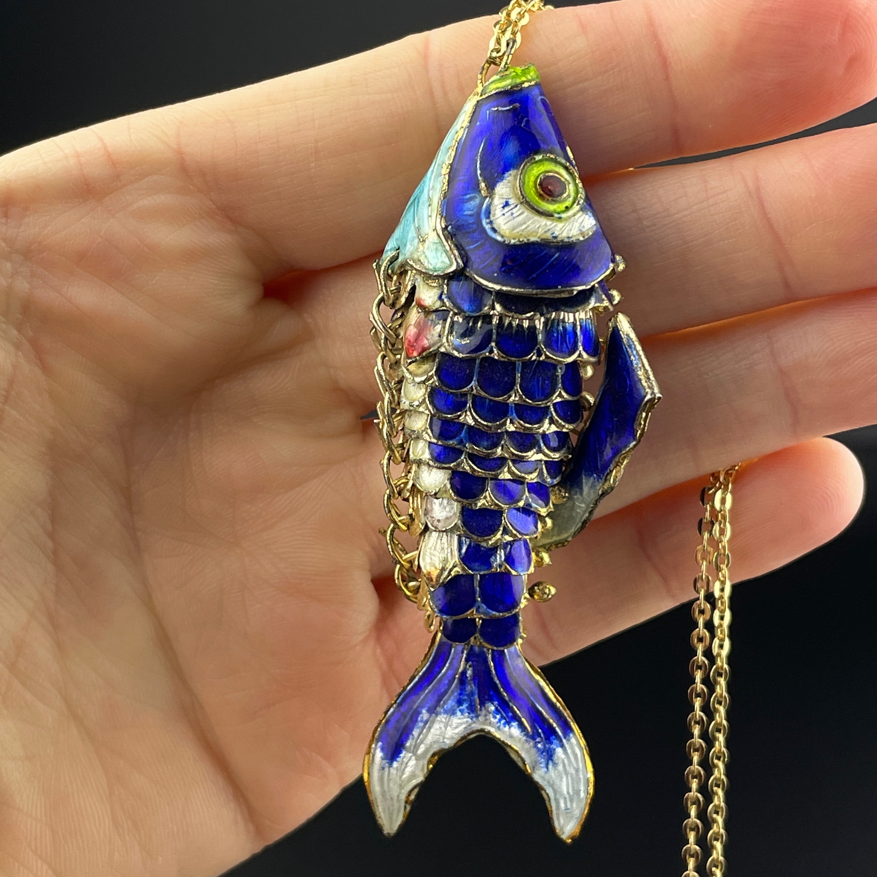 Vintage Gold Vermeil Blue Enamel Articulated Fish Pendant Necklace ...