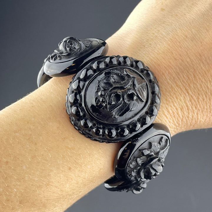 Antique Victorian Carved Whitby Jet Rose Bracelet – Boylerpf