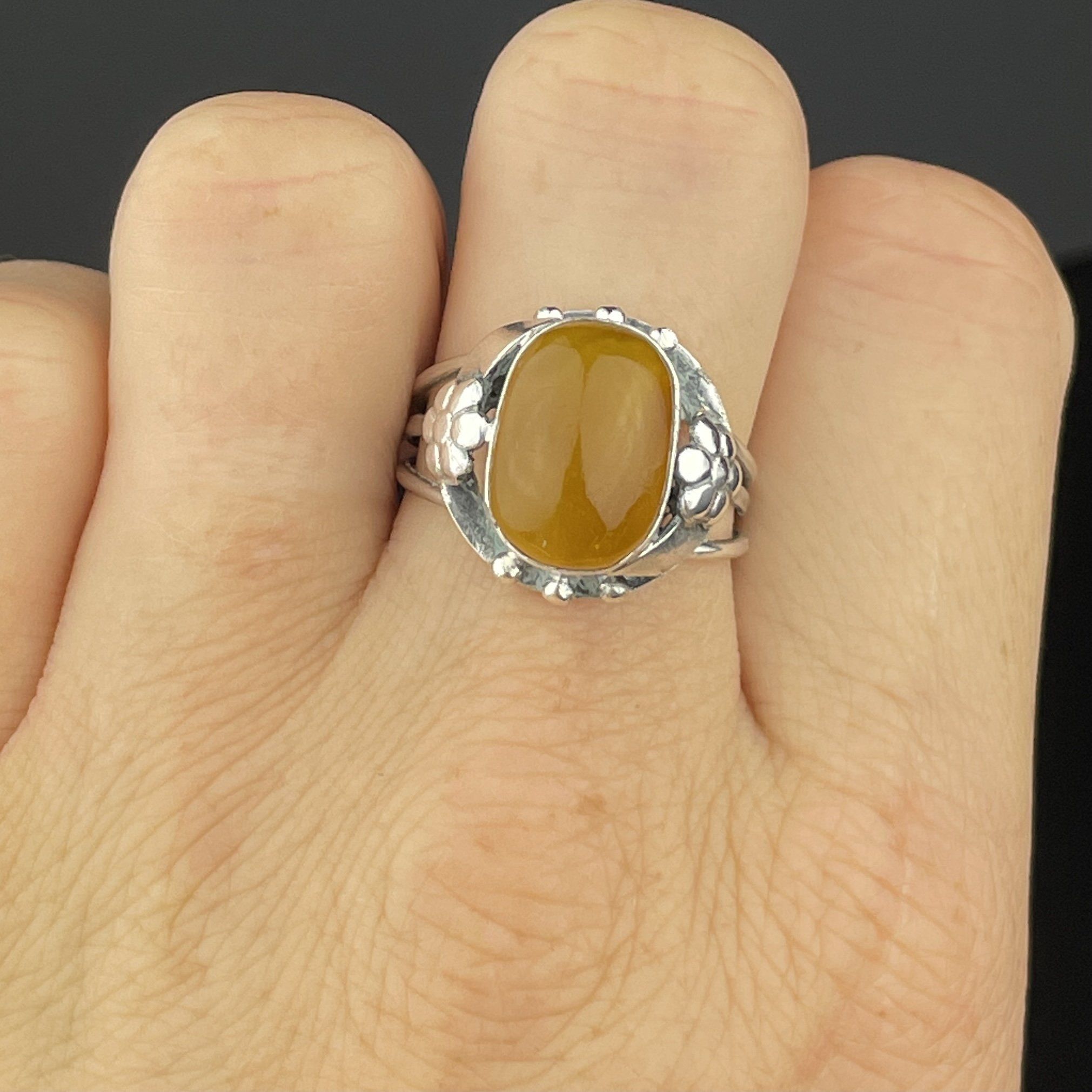 ON HOLD Silver Art Nouveau Butterscotch Amber Cabochon Ring, Sz 8 ...